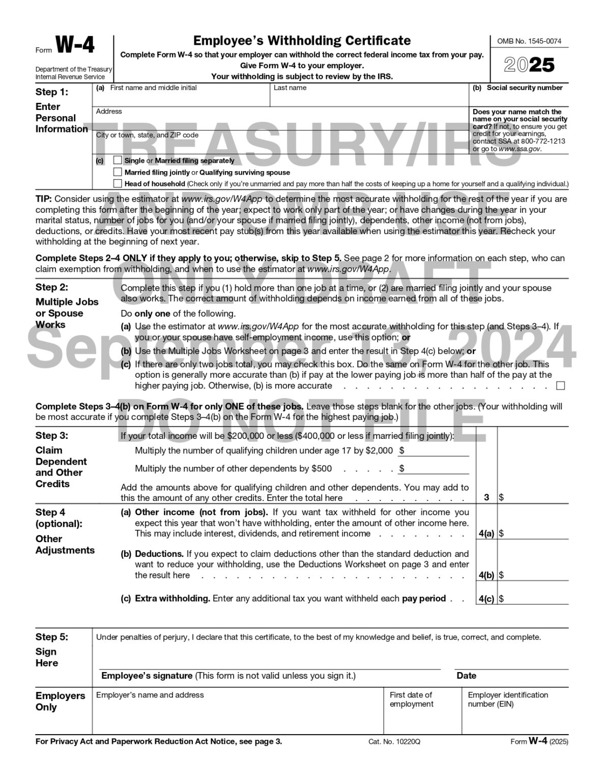 W4 Form 2025 Printable – Employee’s Withholding Certificate | IRS Tax ...