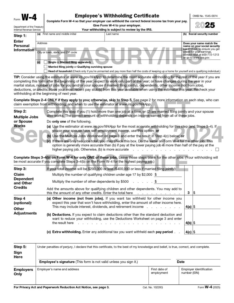 W4 Form 2025 Printable – Employee’s Withholding Certificate | IRS Tax ...