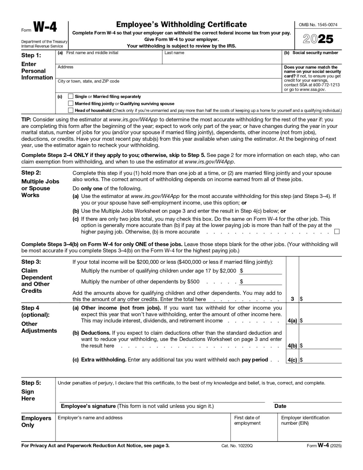 W4 Form 2025 Printable – Employee’s Withholding Certificate | IRS Tax ...