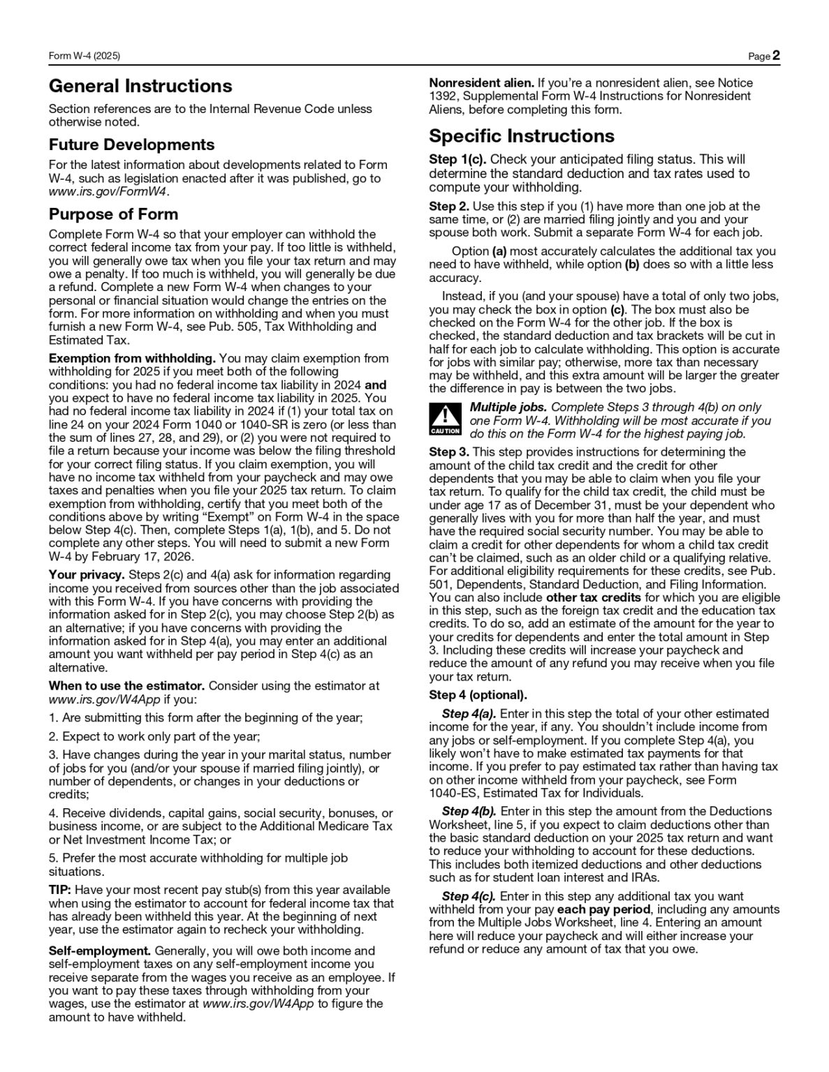 W4 Form 2025 Printable – Employee’s Withholding Certificate | IRS Tax ...