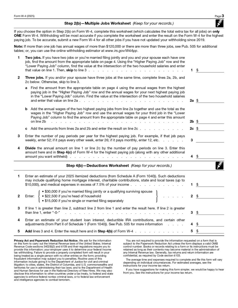 W4 Form 2025 Printable – Employee’s Withholding Certificate | IRS Tax ...