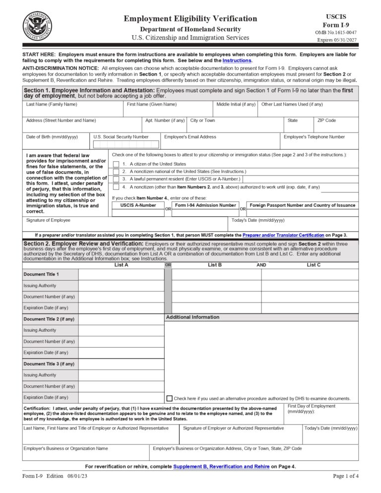 I-9 Form 2025 Printable – Employment Eligibility Verification | IRS Tax Forms 2025