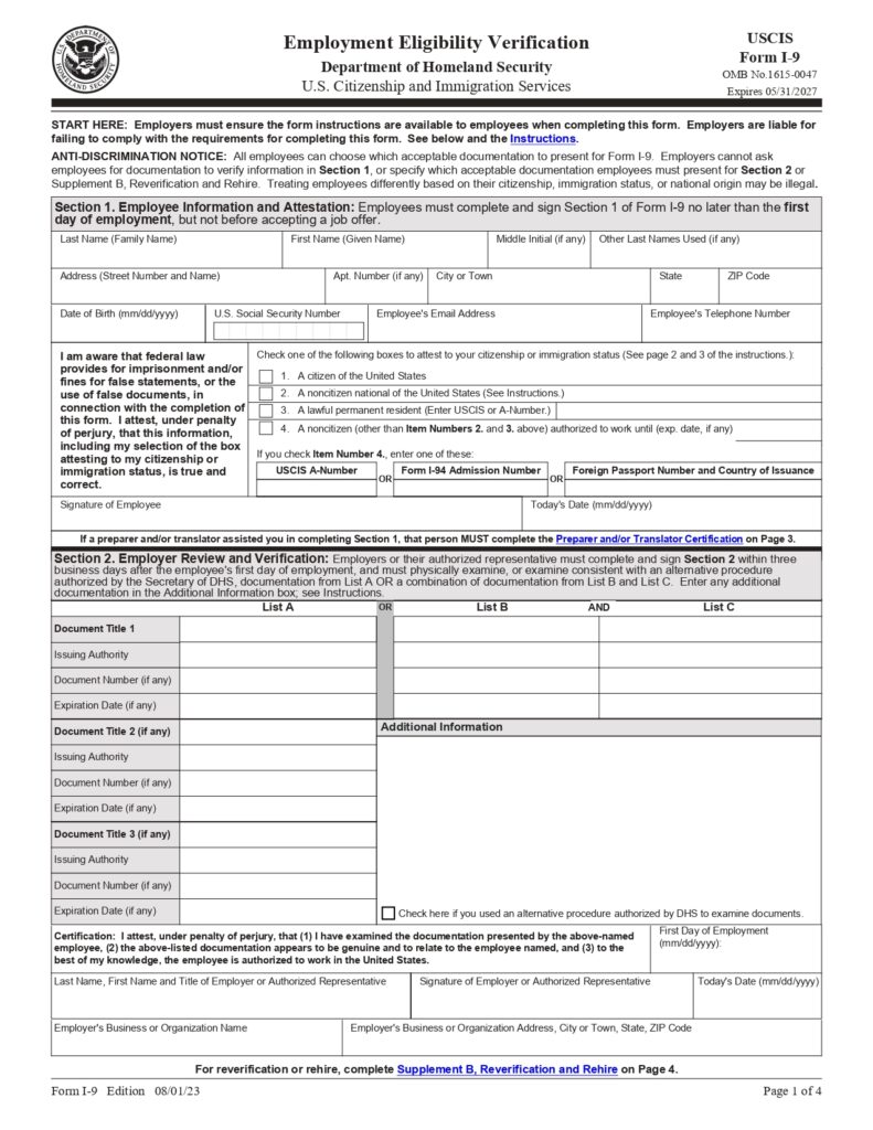 I-9 Form 2025 Printable – Employment Eligibility Verification | IRS Tax ...