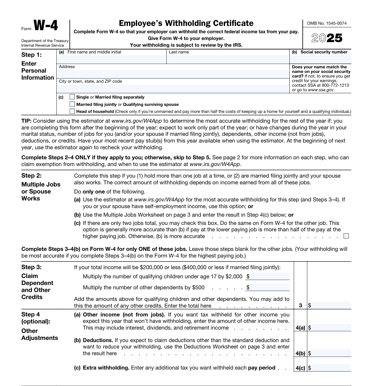 W4 Form 2025 PDF: About Employee’s Withholding Certificate