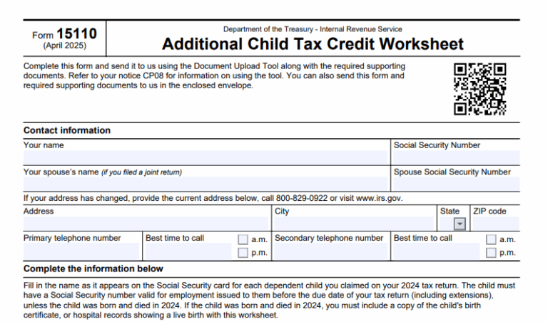 IRS Form 15110 - Additional Child Tax Credit Worksheet
