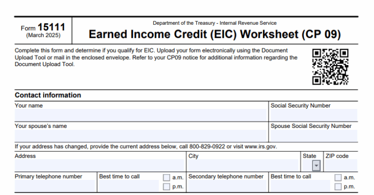 IRS Form 15111 - Earned Income Credit (EIC) Worksheet