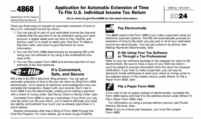 IRS Form 4868 - Application for Automatic Extension of Time