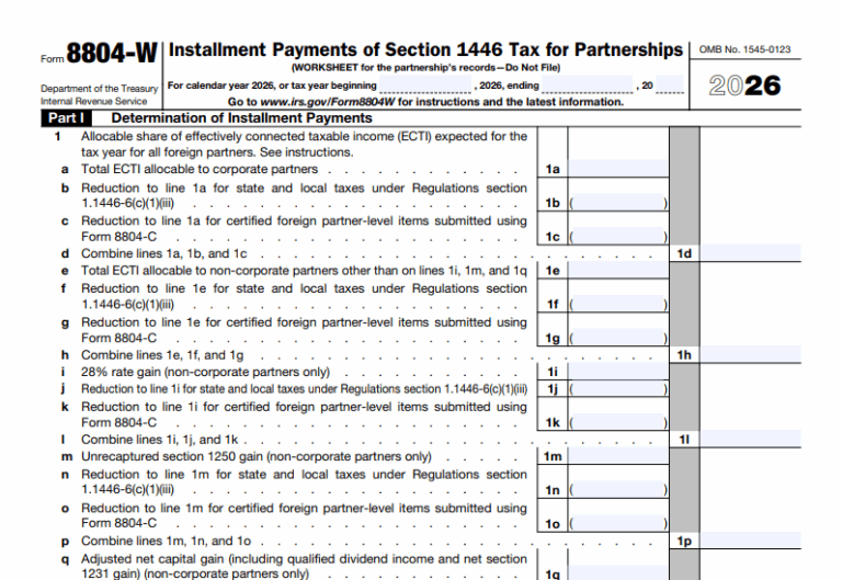 IRS Form 8804-W - Installment Payments of Section 1446 Tax