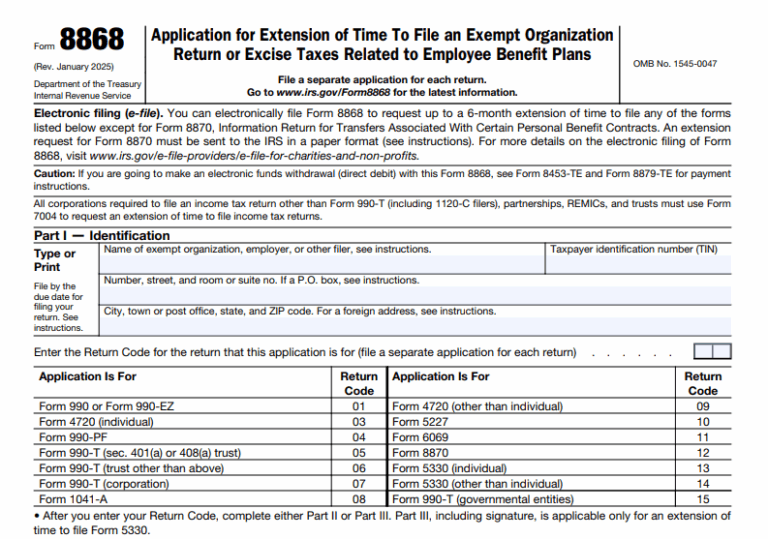IRS Form 8868 - Application for Extension of Time To File