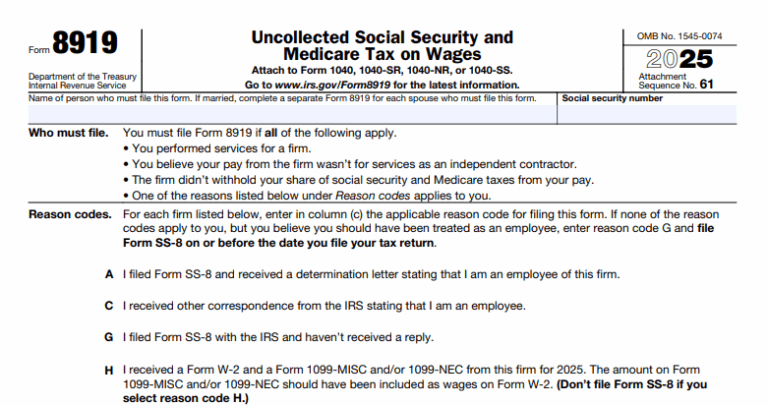 IRS Form 8919 - Uncollected Social Security and Medicare Tax