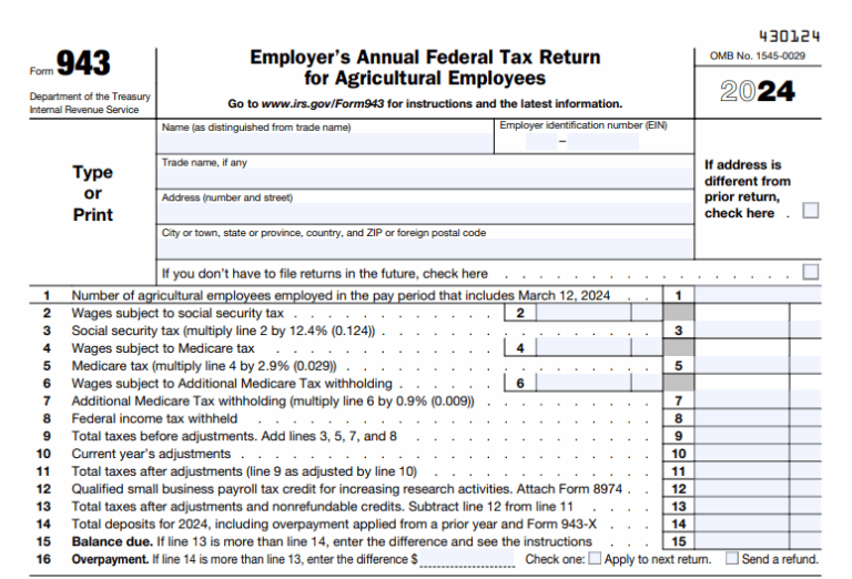 IRS Form 943 - Employer's Annual Federal Tax Return