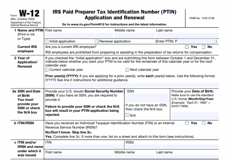 IRS Form W-12 - IRS Paid PTIN Application and Renewal
