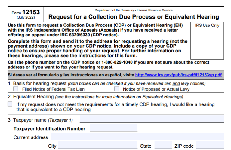 IRS Form 12153 - Request for a Collection Due Process or Equivalent Hearing