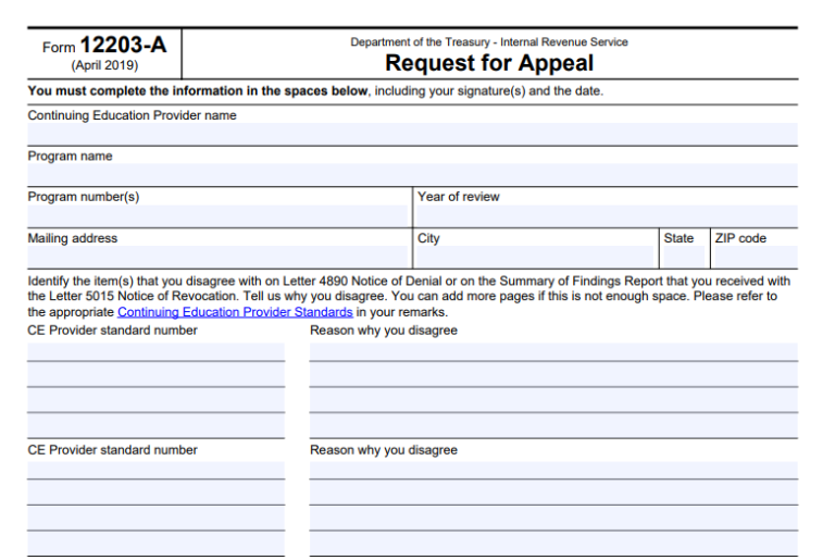 IRS Form 12203-A - Request for Appeal