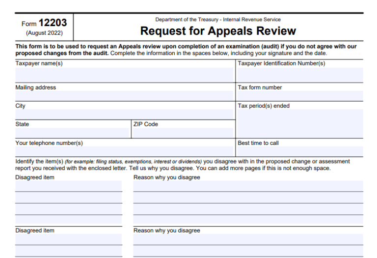 IRS Form 12203 - Request for Appeals Review