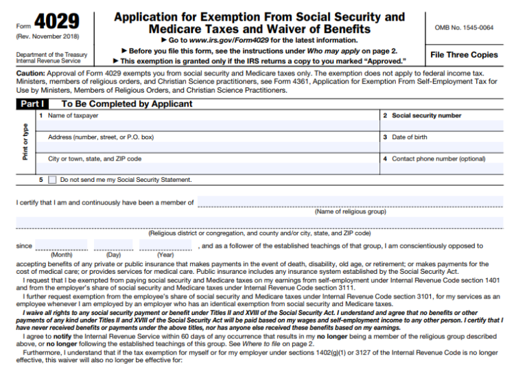 IRS Form 4029 - Application for Exemption From Social Security and ...