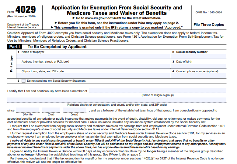 IRS Form 4029 - Application for Exemption From Social Security and ...