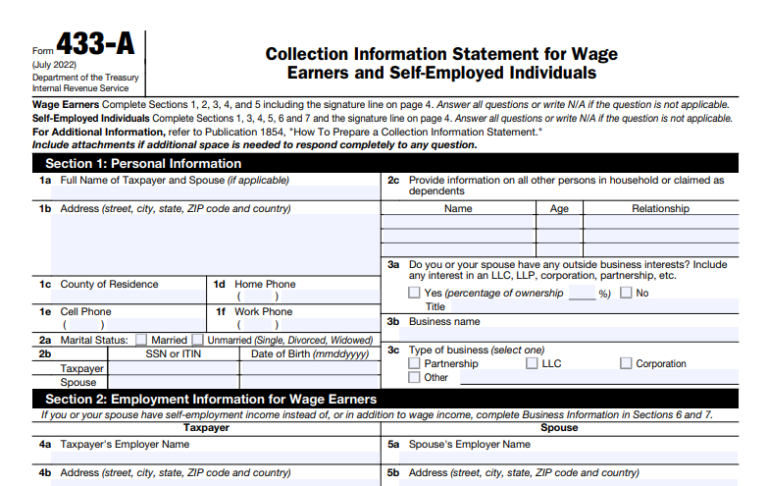 IRS Form 433-A - Collection Information Statement for Wage Earners and ...