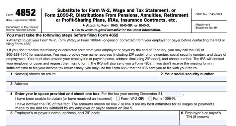 IRS Form 4852 - Substitute for Form W-2, Wage and Tax Statement, or ...