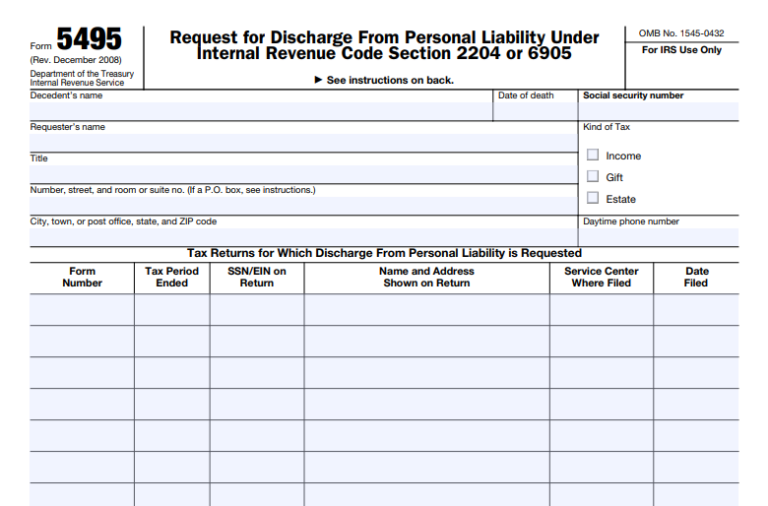 IRS Form 5495 - Request for Discharge from Personal Liability Under Internal Revenue Code ...