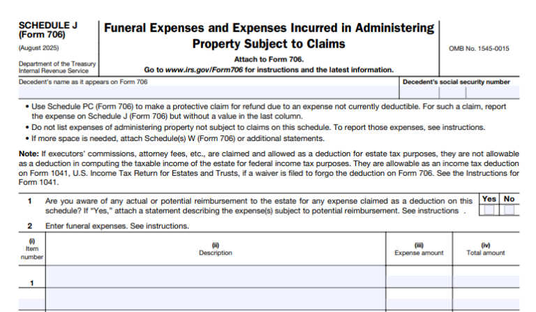 IRS Form 706 (Schedule J) - Funeral Expenses and Expenses Incurred In ...