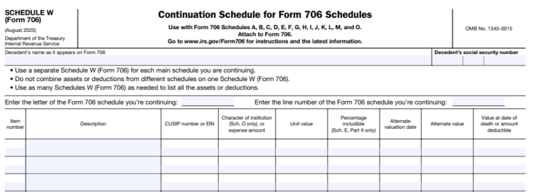 IRS Form 706 (Schedule W) - Continuation Schedule for Form 706 Schedules