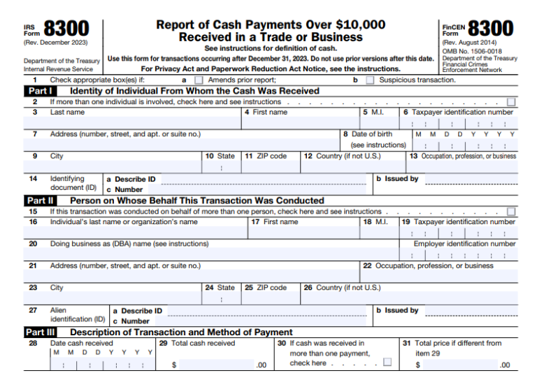 IRS Form 8300 - Report of Cash Payments Over $10,000 Received In a ...