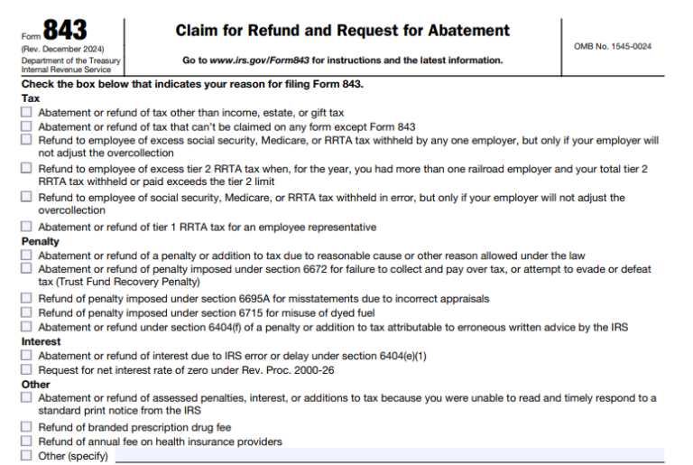 IRS Form 843 - Claim for Refund and Request for Abatement