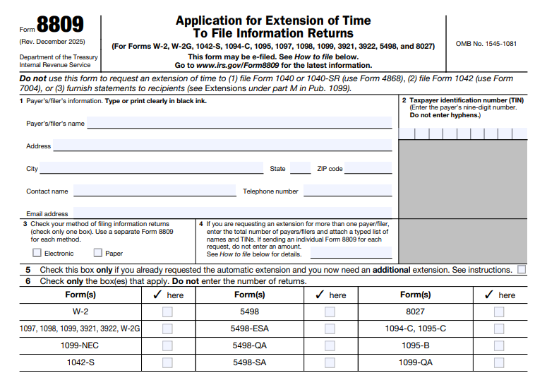 IRS Form 8809 - Application for Extension of Time to File Information ...