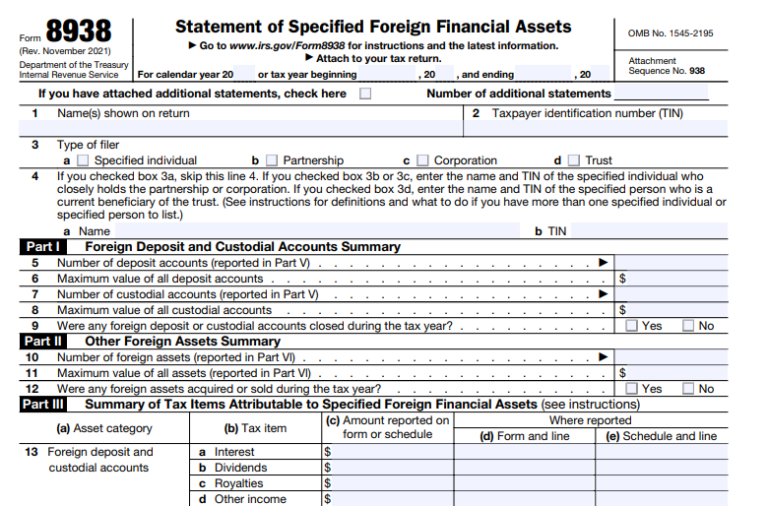 IRS Form 8938 - Statement of Specified Foreign Financial Assets