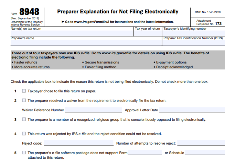 IRS Form 8948 - Preparer Explanation for Not Filing Electronically