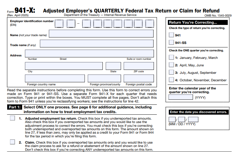 IRS Form 941-X - Adjusted Employer's Quarterly Federal Tax Return or ...