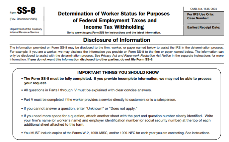 IRS Form SS-8 - Determination of Worker Status for Purposes of Federal ...
