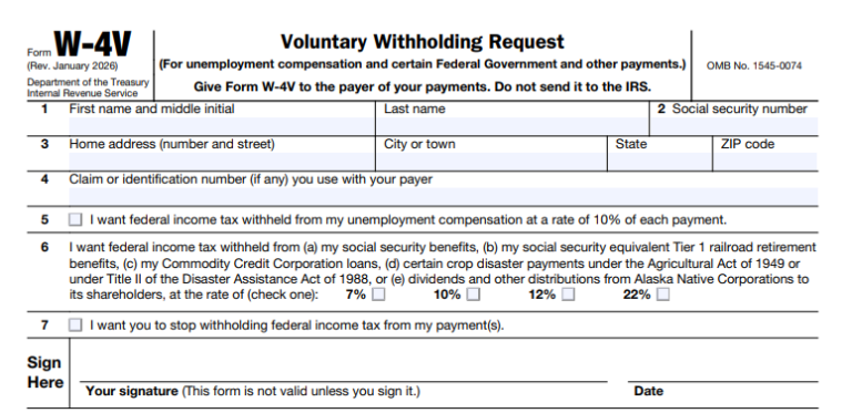 IRS Form W-4V - Voluntary Withholding Request