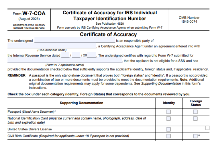 IRS Form W-7-COA - Certificate of Accuracy for IRS Individual Taxpayer ...