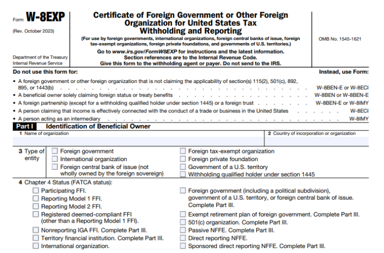 IRS Form W-8EXP - Certificate of Foreign Government or Other Foreign ...